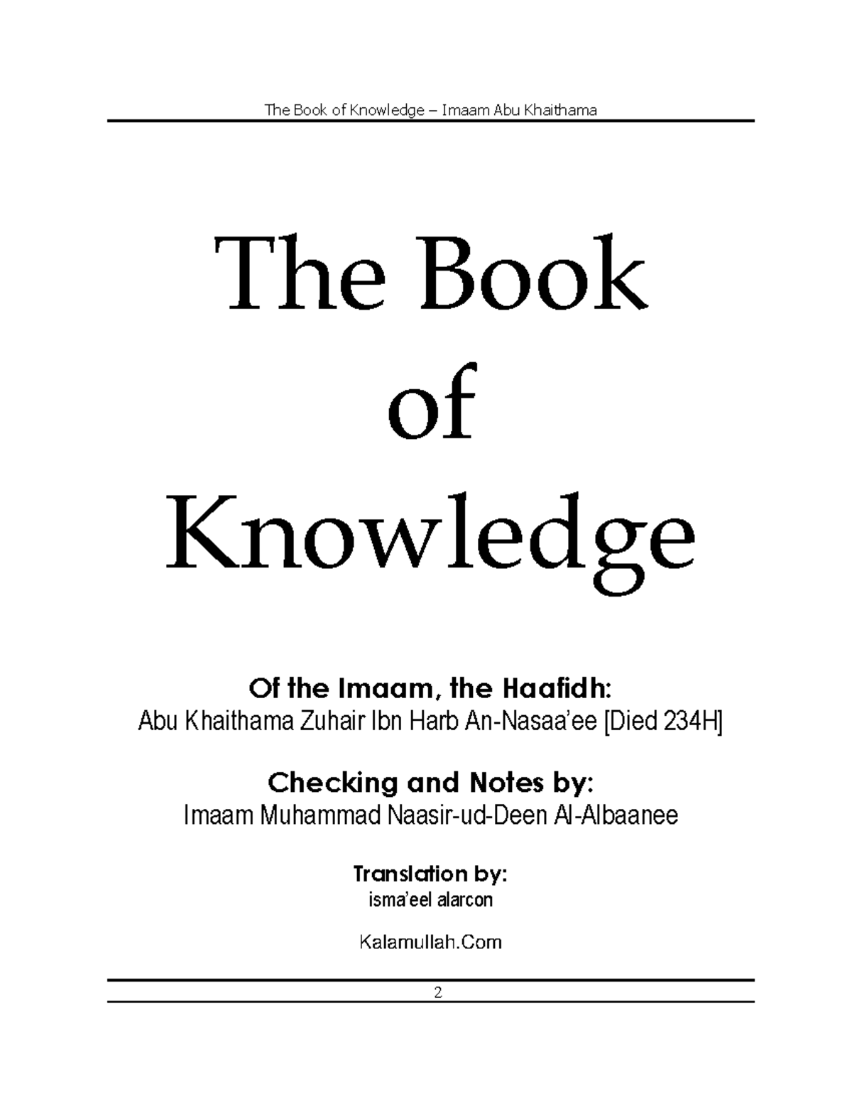 The Book of Knowledge: Insights from Imaam Abu Khaithama - Studocu