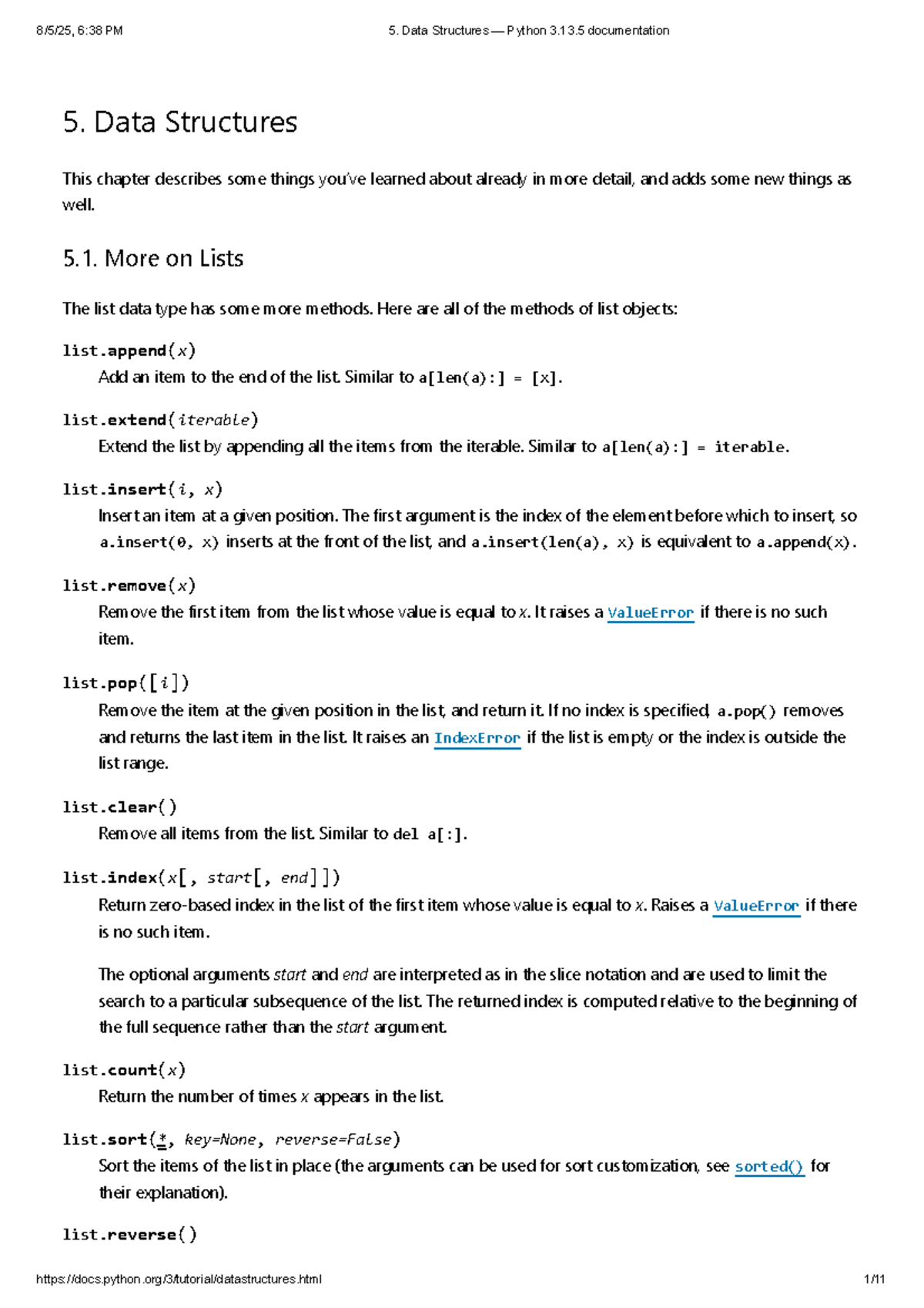 5. Data Structures Overview - Python 3.13.5 Documentation - Studocu