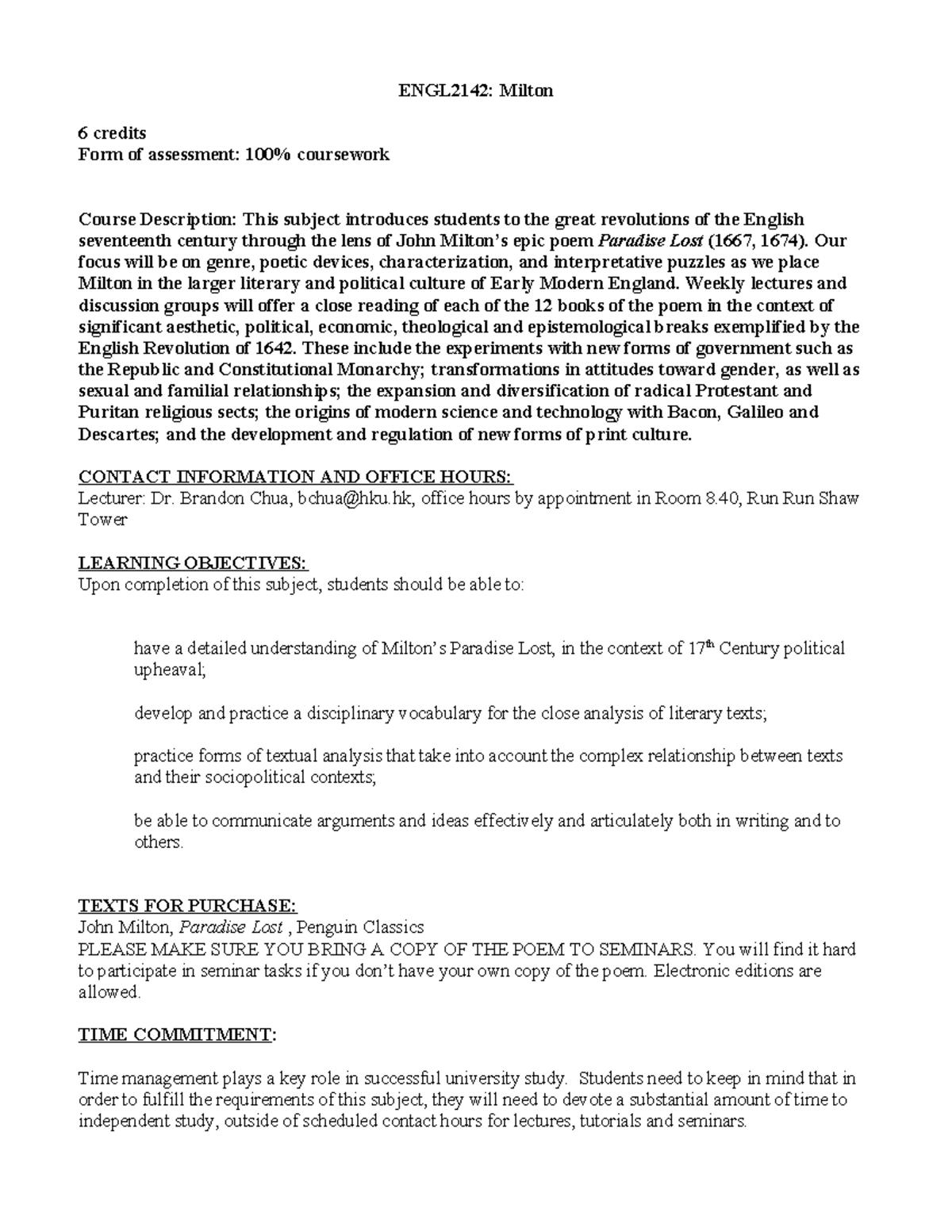 ENGL2142: Syllabus for Milton Course - Fall 2025 - Studocu