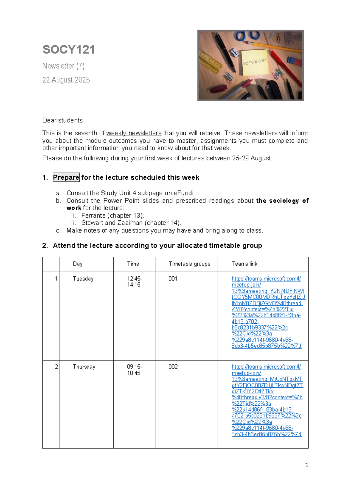 SOCY121 Weekly Newsletter #7 - Important Updates for 22 Aug 2025 - Studocu