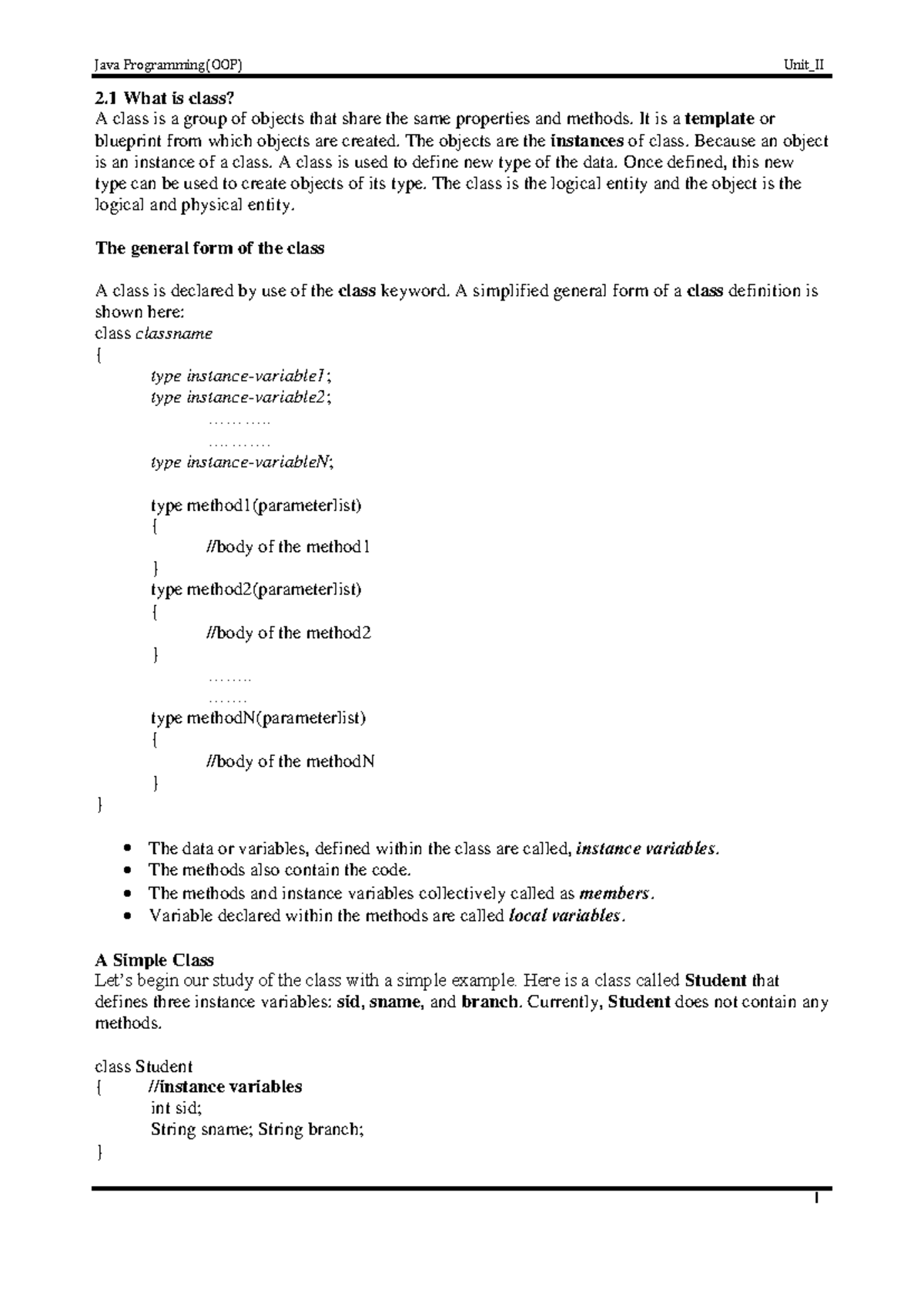 JP UNIT II OOP - Java Class and Object Overview - Studocu