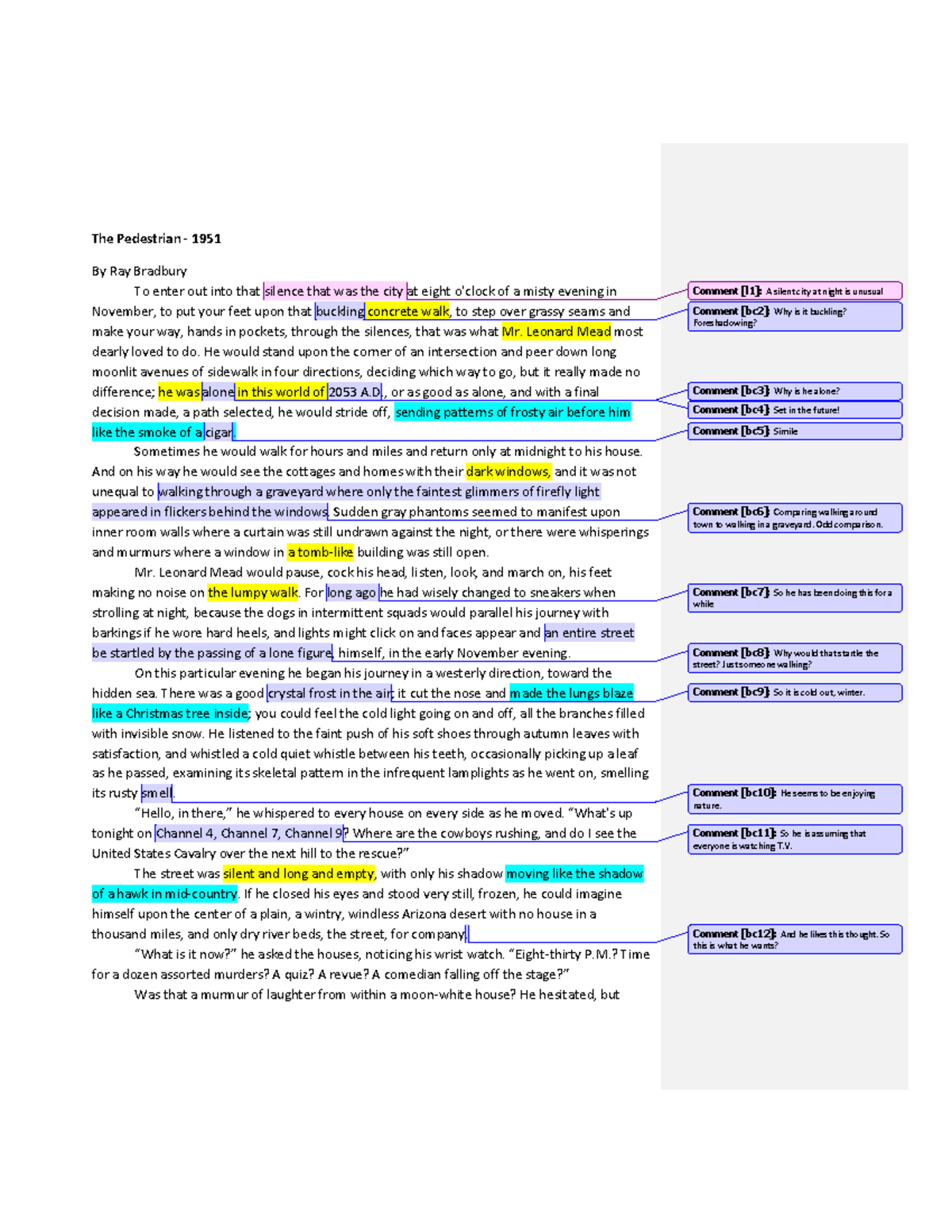 The Pedestrian (Annotated) - Ray Bradbury Analysis and Insights - Studocu