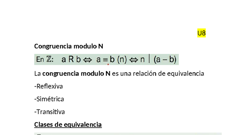 Resumen U8: Congruencia Módulo N y Teorema de Fermat - Studocu