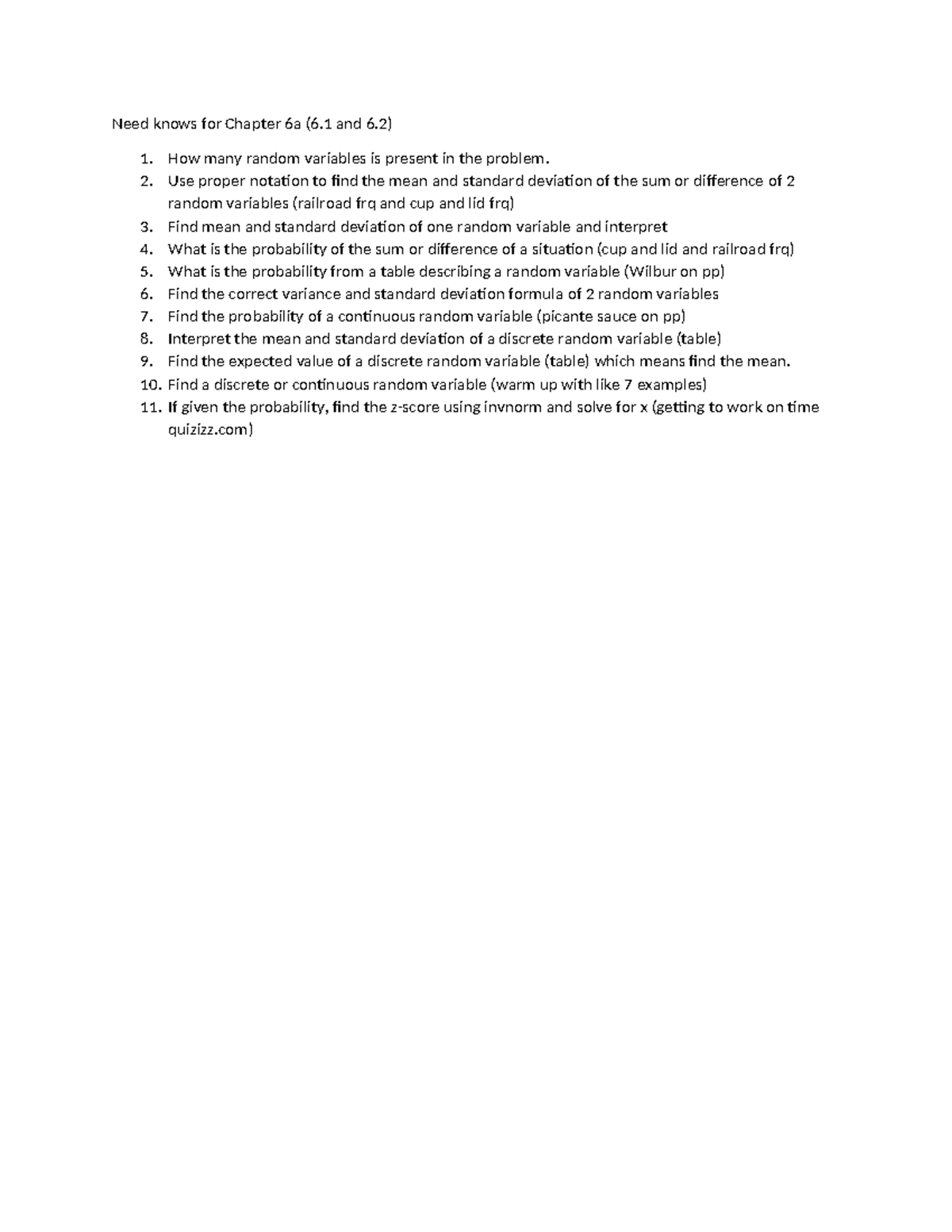 Key Concepts for Chapter 6a: Random Variables & Probabilities - Studocu