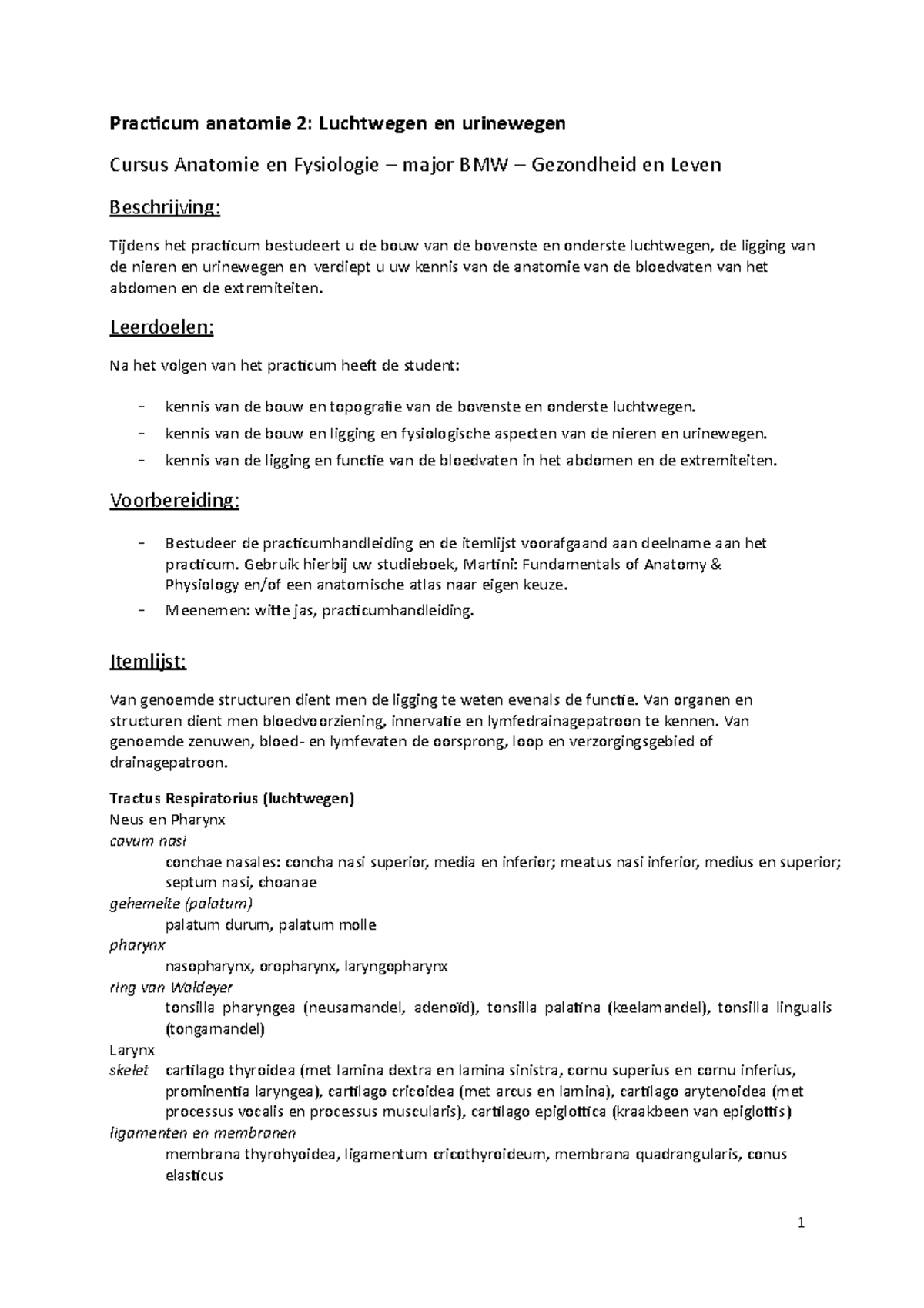 Practicum Anatomie 2: Luchtwegen en Urinewegen - Cursus BMW - Studeersnel