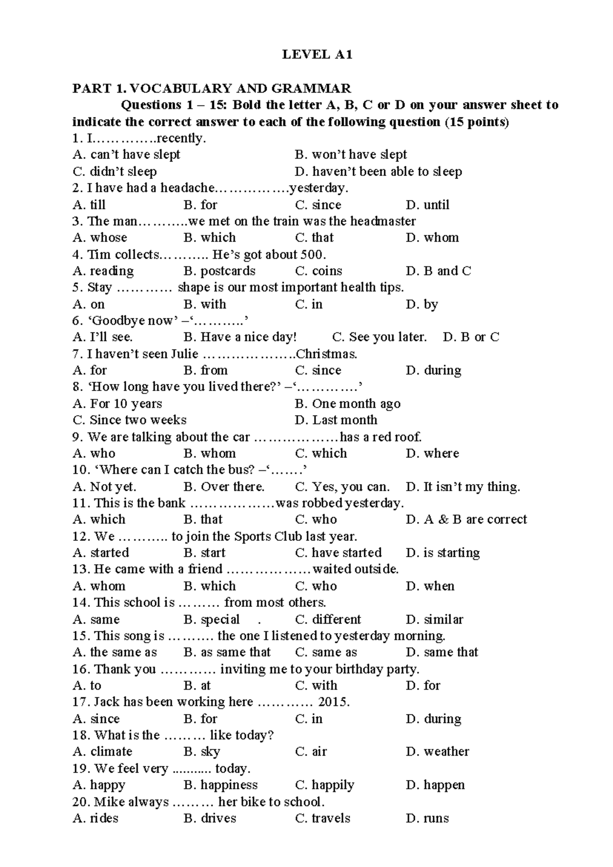 Level A1 - Vocabulary and Grammar Practice Questions - Studocu