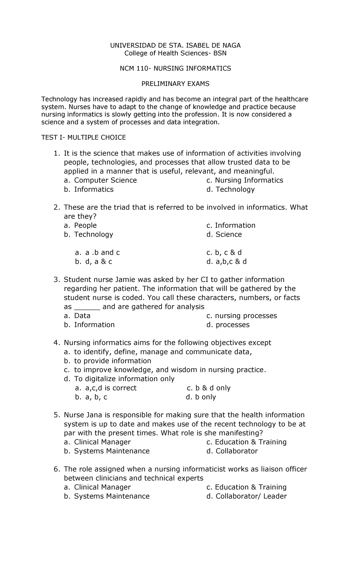 NCM 110 - Nursing Informatics Preliminary Exam Questions - Studocu
