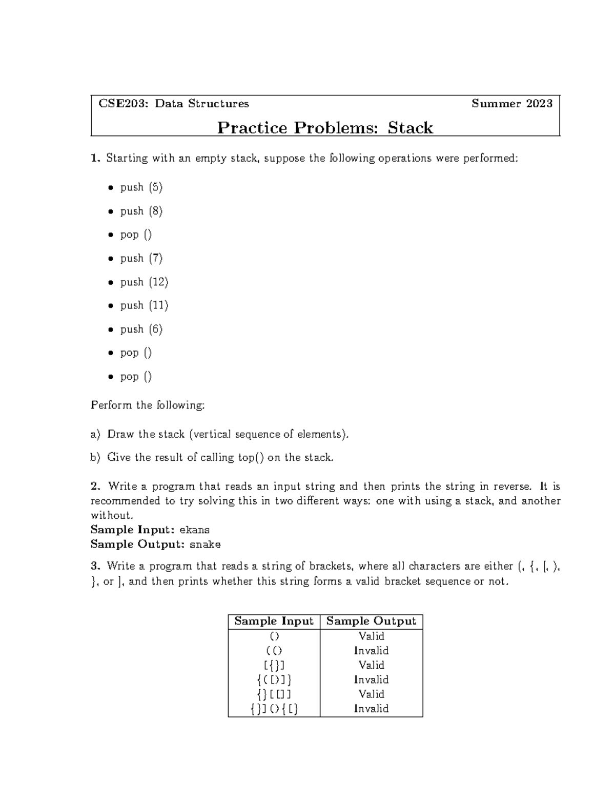 CSE203: Data Structures Summer 2023 Stack Practice Problems - Studocu