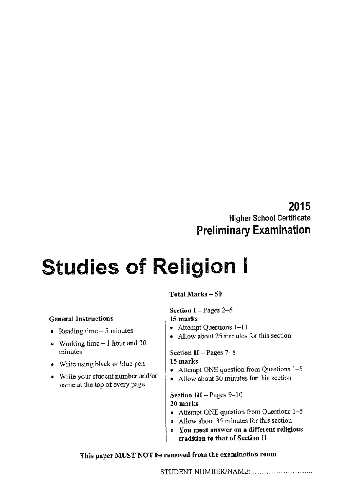 2015 HSC Preliminary Exam: Studies of Religion I Paper - Studocu