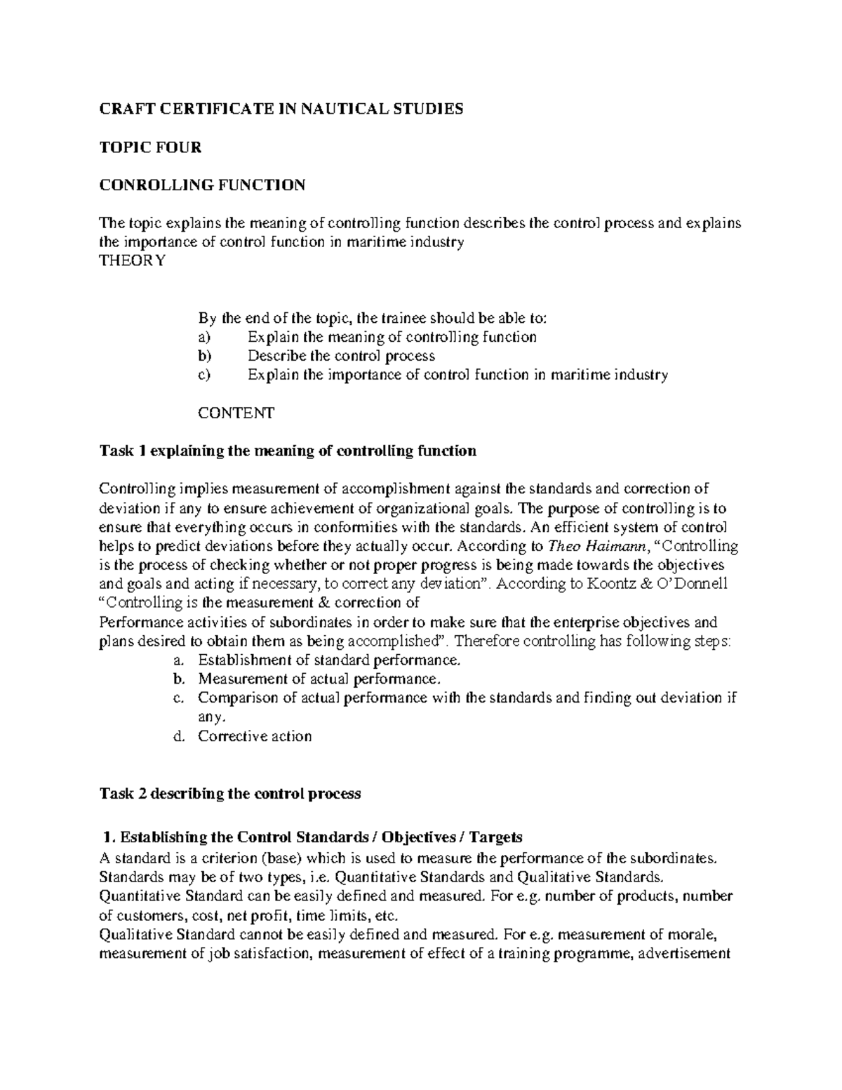 CRAFT CERTIFICATE IN NAUTICAL STUDIES: TOPIC 4 - CONTROLLING FUNCTION ...