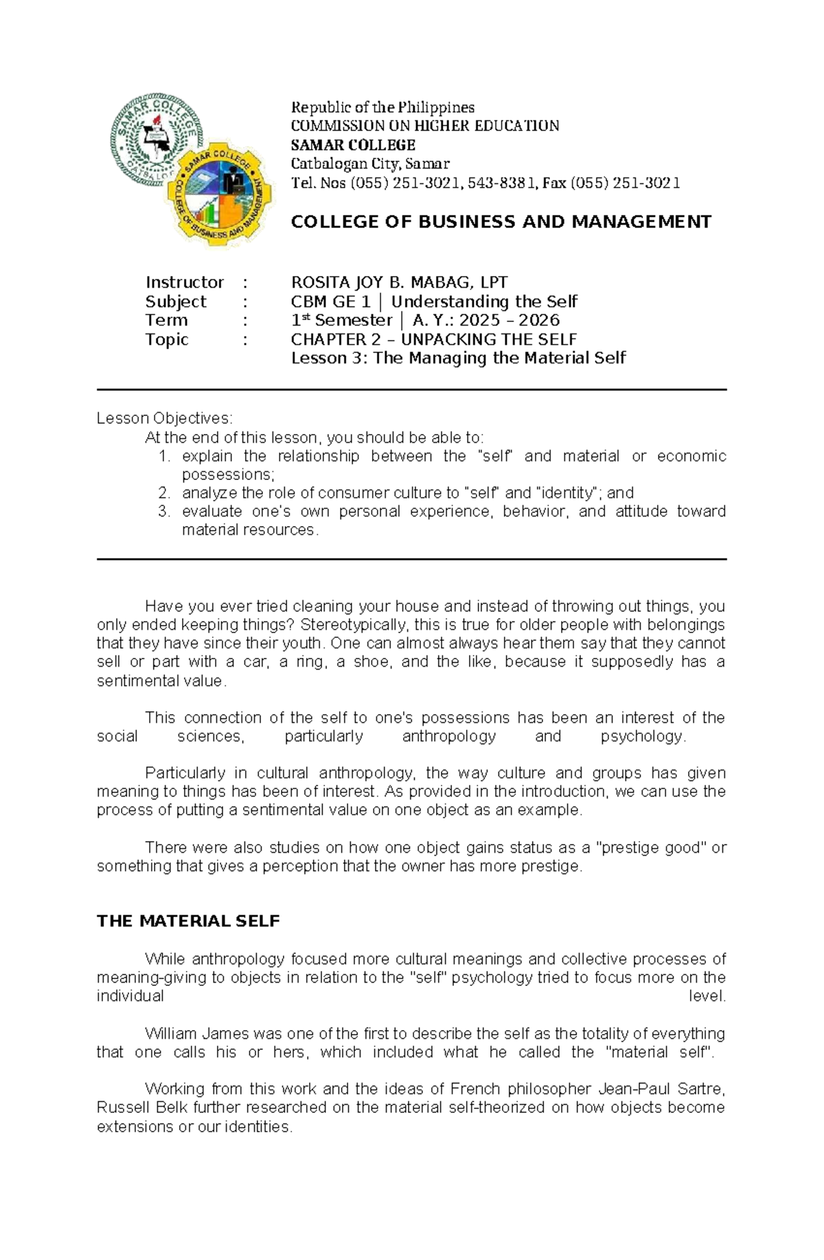 Understanding the Self: Chapter 2, Lesson 3 - The Material Self - Studocu