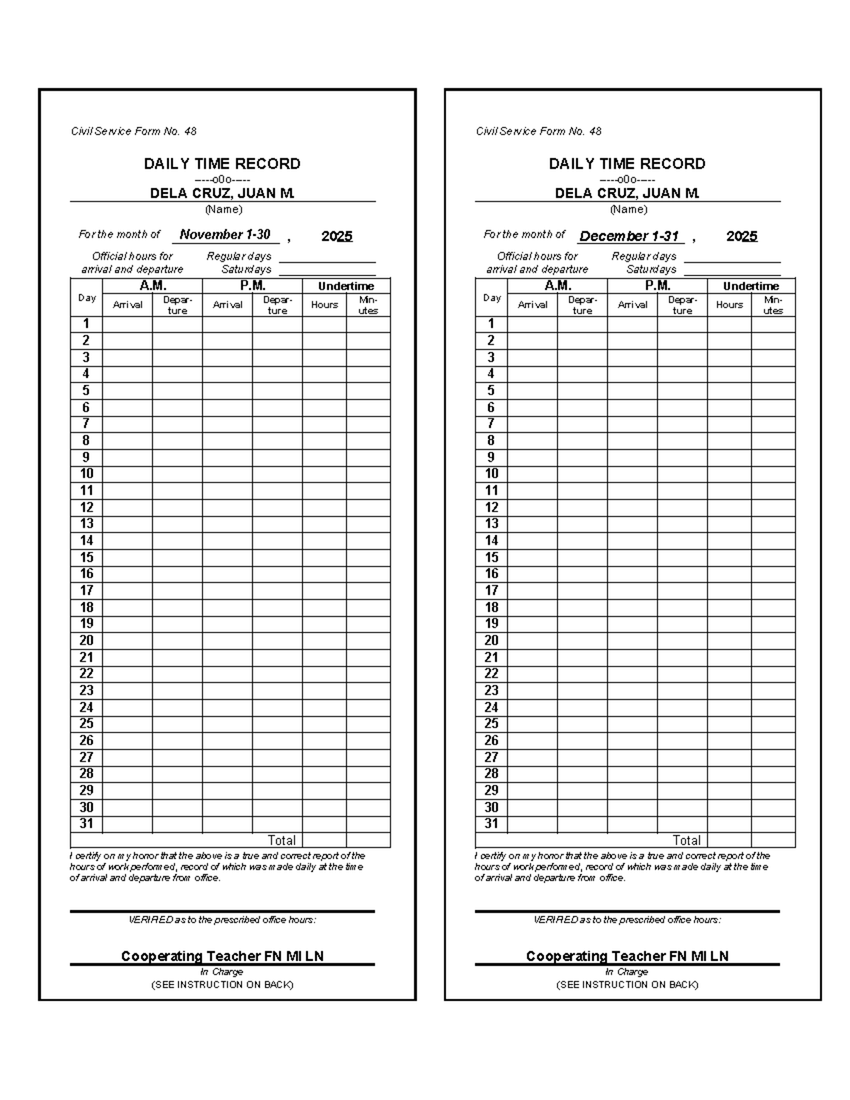 Civil Service Form No. 48: Daily Time Record (DTR) Template - Studocu