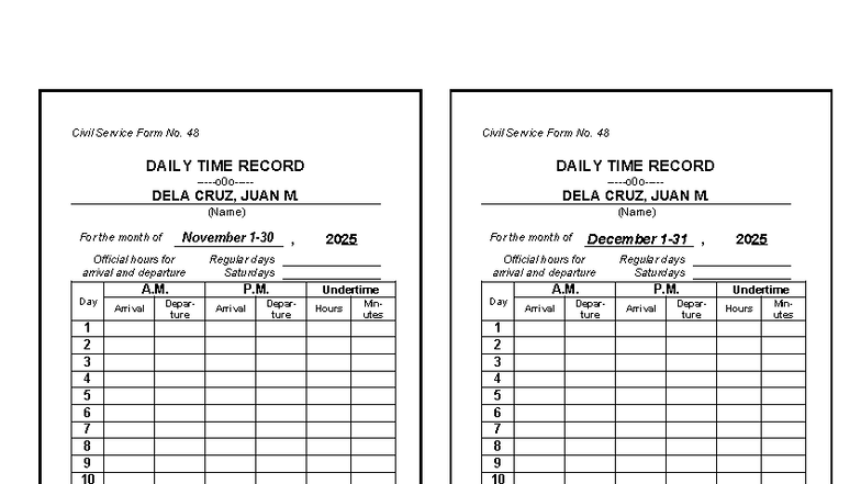 Civil Service Form No. 48: Daily Time Record (DTR) Template - Studocu