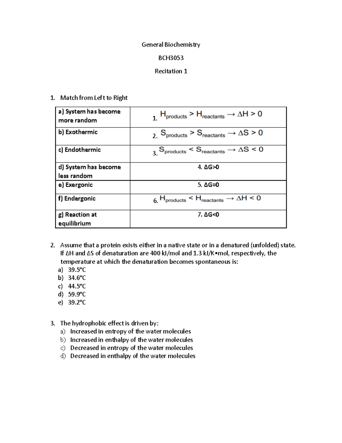 BCH General Biochemistry Worksheet 1: Recitation & Concepts - Studocu