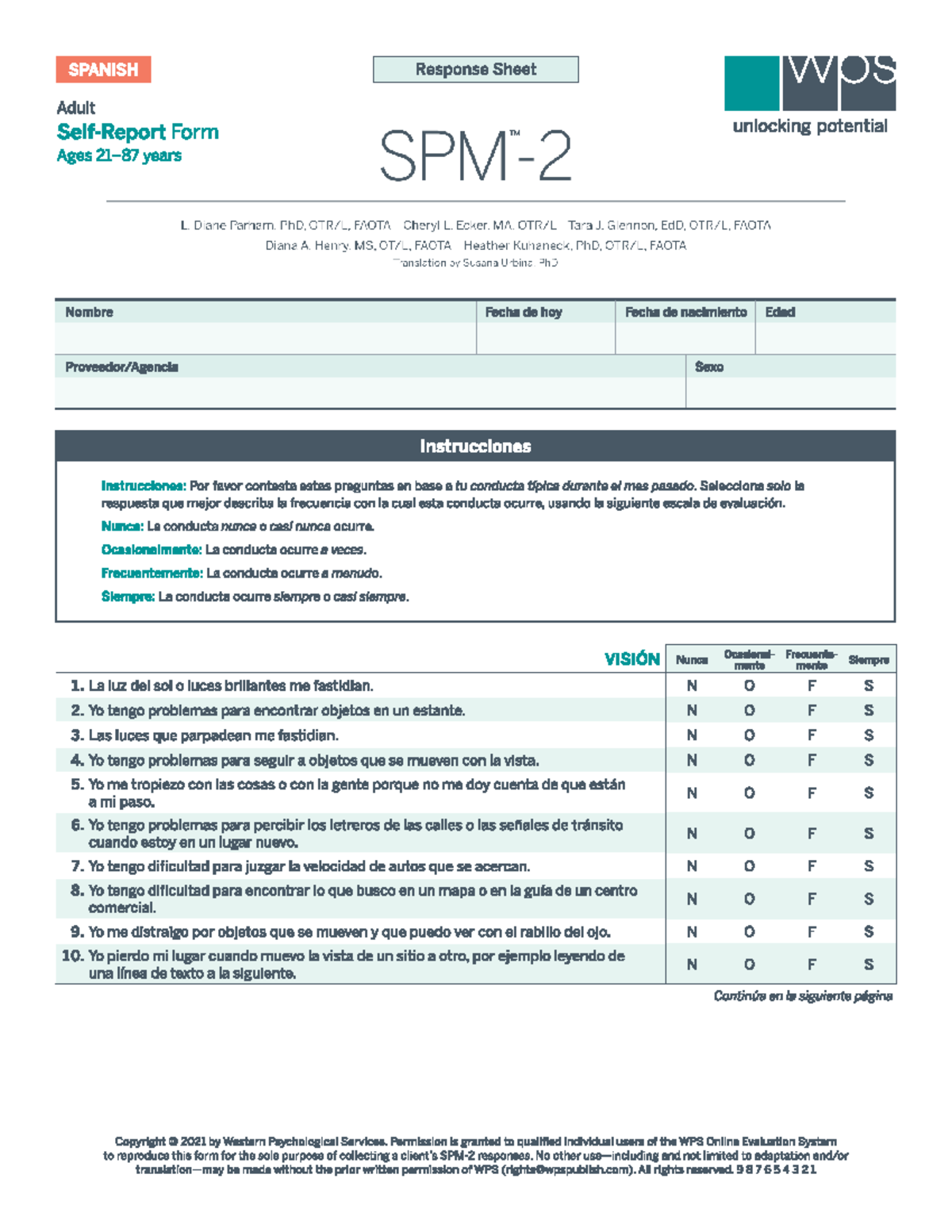 SPANISH Adult Self-Report Response Sheet (SPM2-SP) - Studocu
