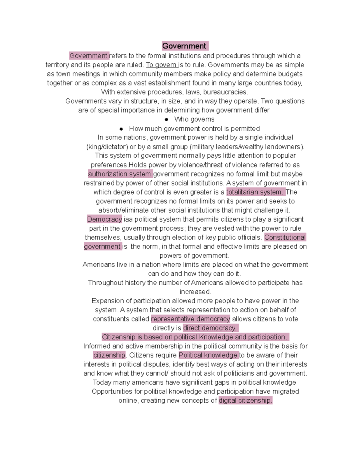 Chapter one outline - Government Government refers to the formal ...