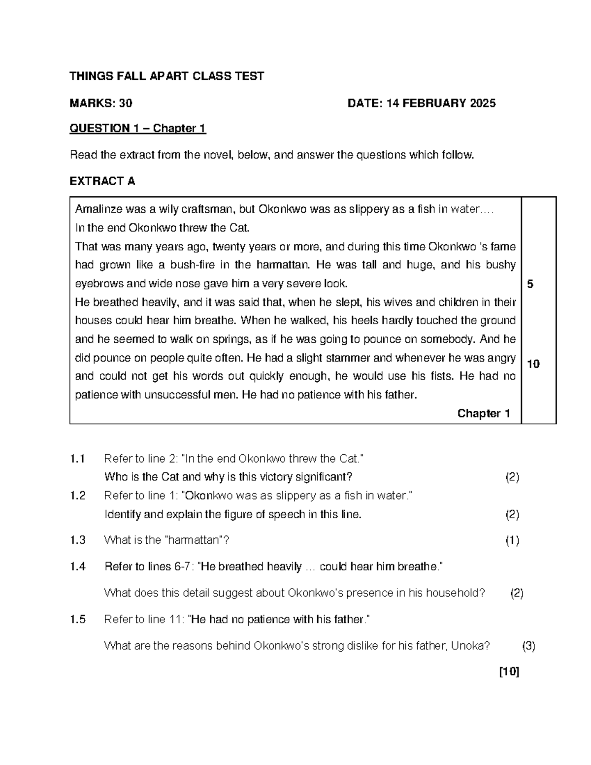 Things FALL Apart Class TEST: Chapters 1-3 Analysis & Questions 2025 ...