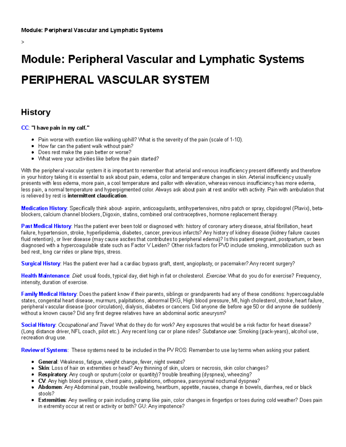Peripheral Vascular & Lymphatic Systems: Patient Assessment Guide - Studocu