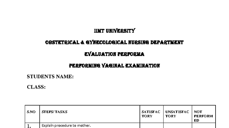 IIMT UNIVERSITY OBGYN NURSING EVALUATION PERFORMA: VAGINAL EXAM - Studocu