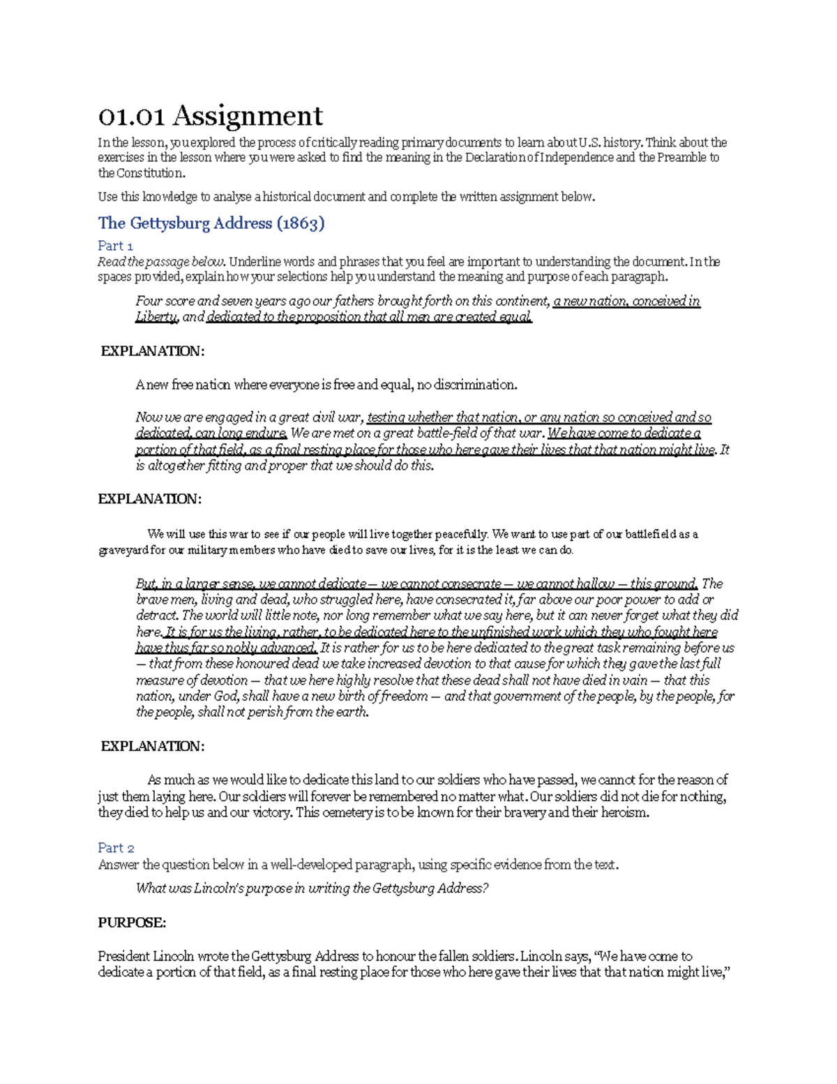 USH 1.01 Assignment: Critical Analysis of the Gettysburg Address - Studocu
