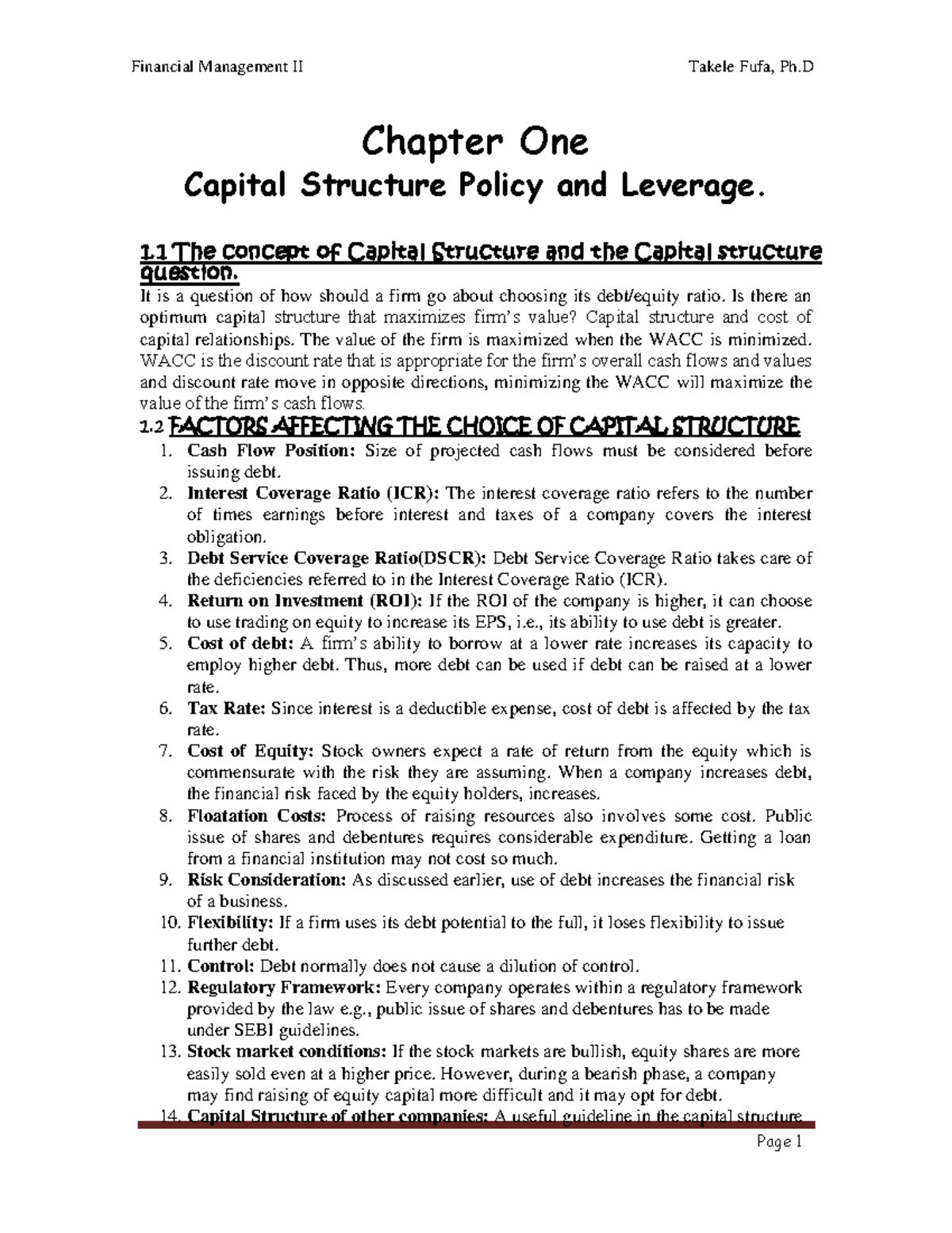 Chapter 1: Capital Structure and Leverage in Finance (FIN 101) - Studocu
