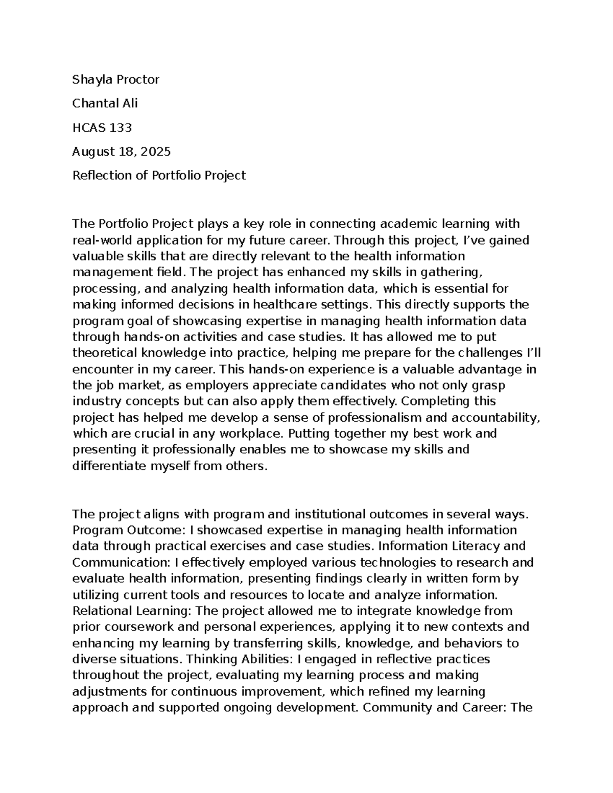 HCAS 133 Portfolio Project Reflection by Shayla Proctor - Studocu