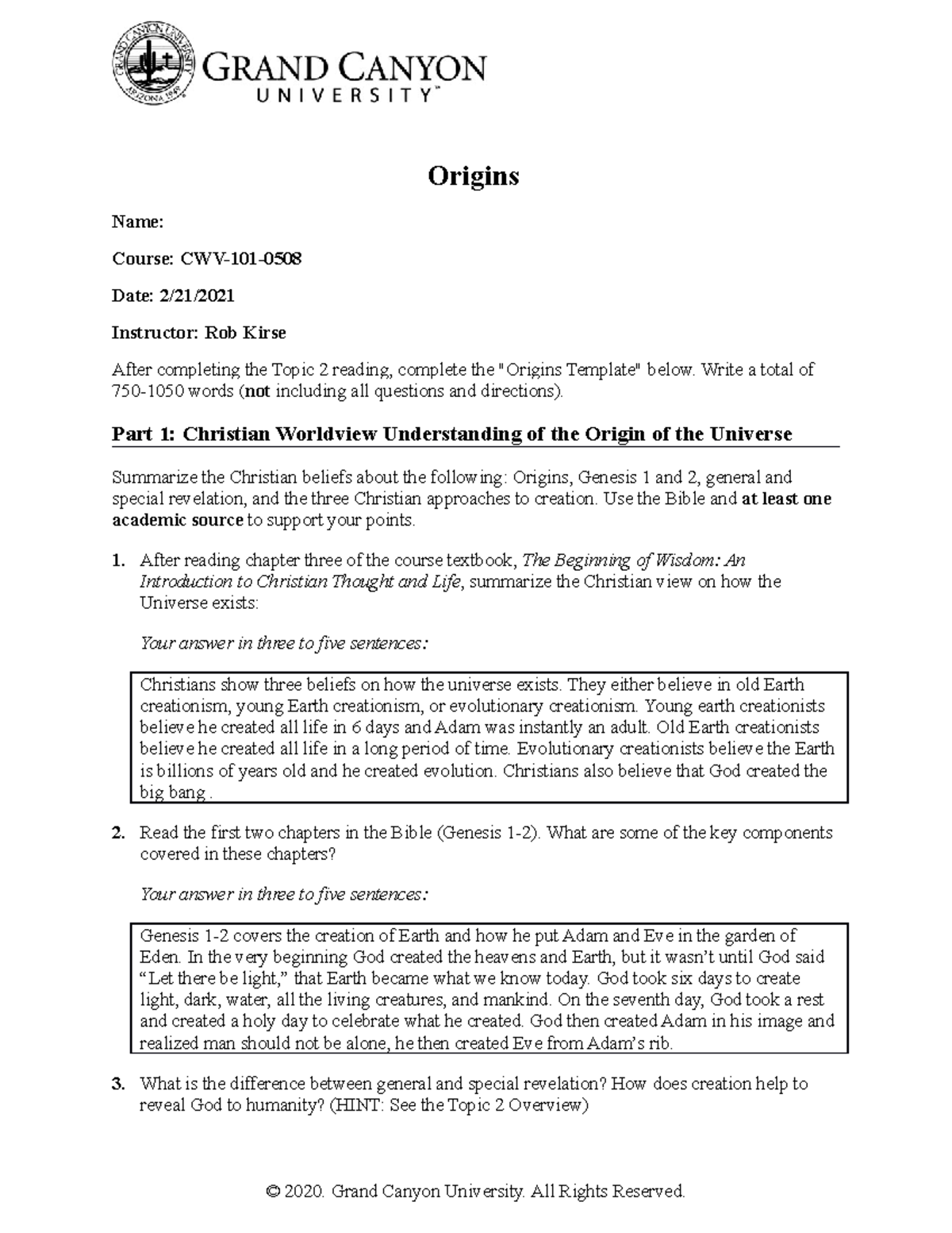 CWV-101 Origins Reflection: Understanding Christian Perspectives on ...