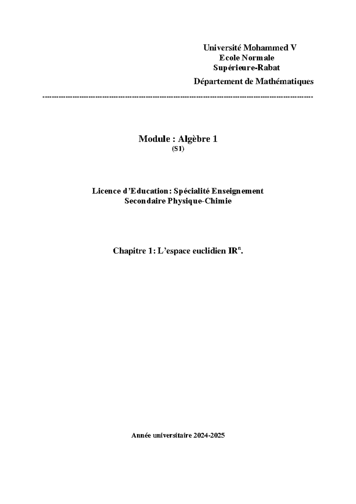 Chapitre 1: Structure de l'Espace Euclidien Rn - Algèbre 1 (S1) - Studocu
