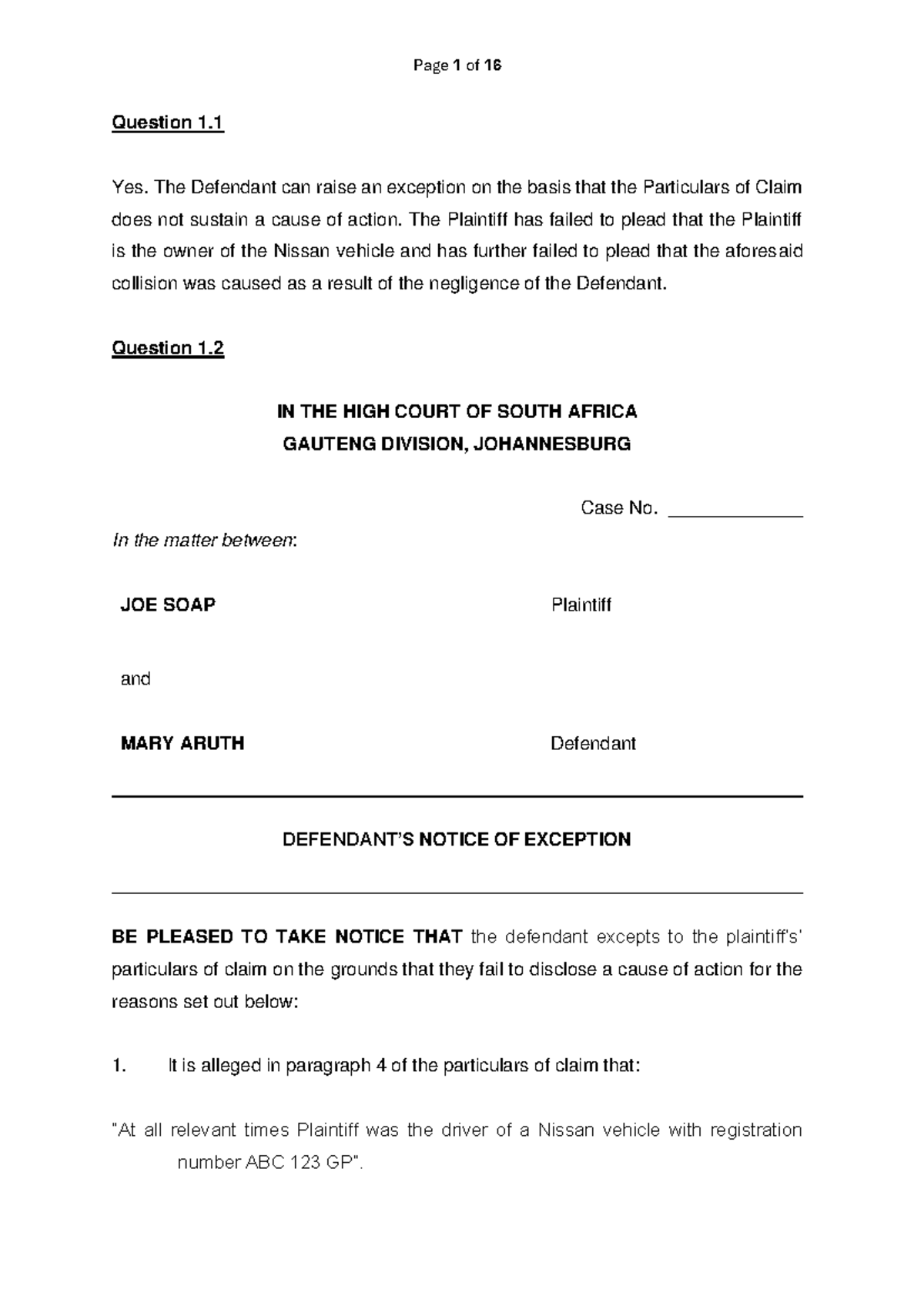 Paper 1 Memo - Legal Exceptions and Claims Analysis - Aug 2024 - Studocu