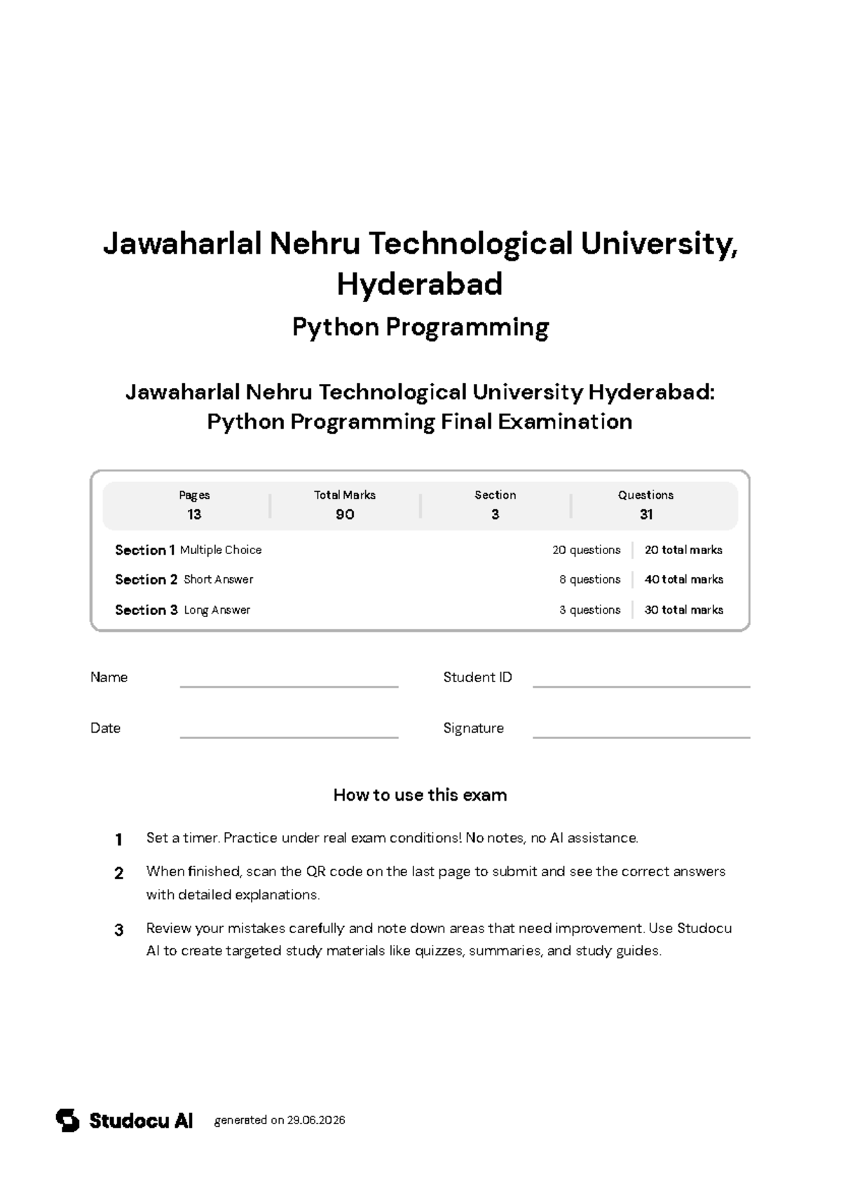 Python Programming Final Exam - JNTU Hyderabad - Studocu