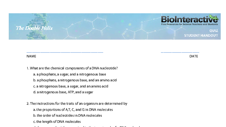 HHMI Double Helix Practice: Natural Selection & Adaptation Quiz - Studocu
