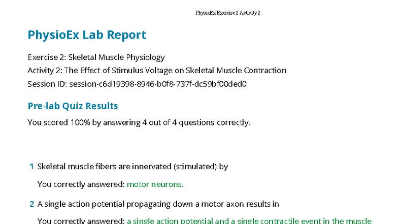 PhysioEx 2: Skeletal Muscle Physiology Lab Report & Quiz Results - Studocu