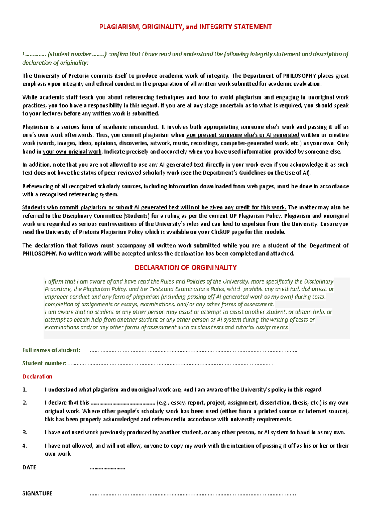 Integrity Statement Final Revised - PLAGIARISM, ORIGINALITY, and ...