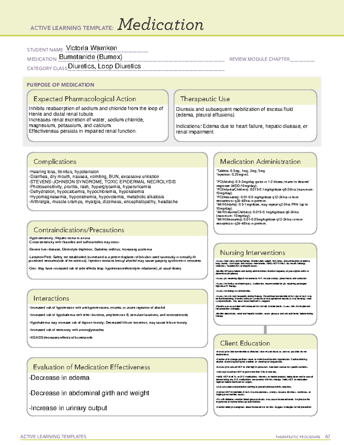 Bumetanide (Bumex) Medication Card - Nursing Overview & Guidelines ...