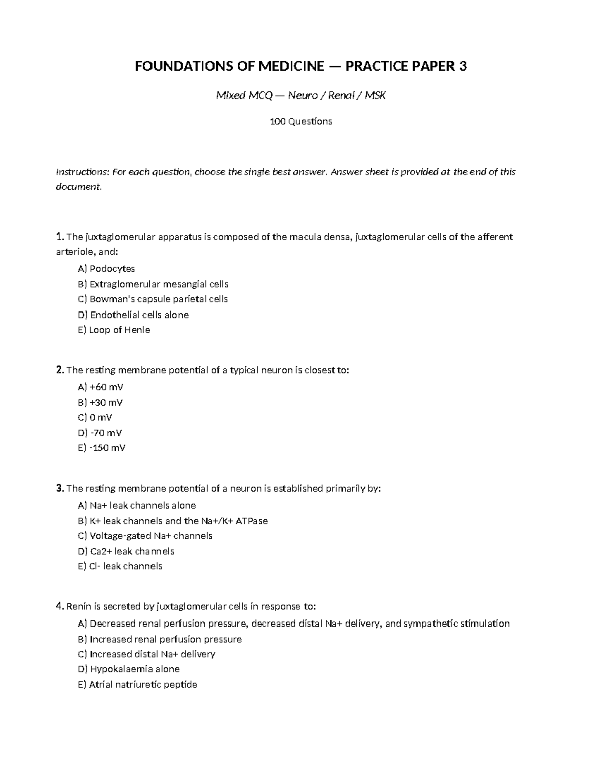 Y2S1 MD Final Exam Practice Paper 3: 100 Mixed MCQs on Neuro, Renal ...