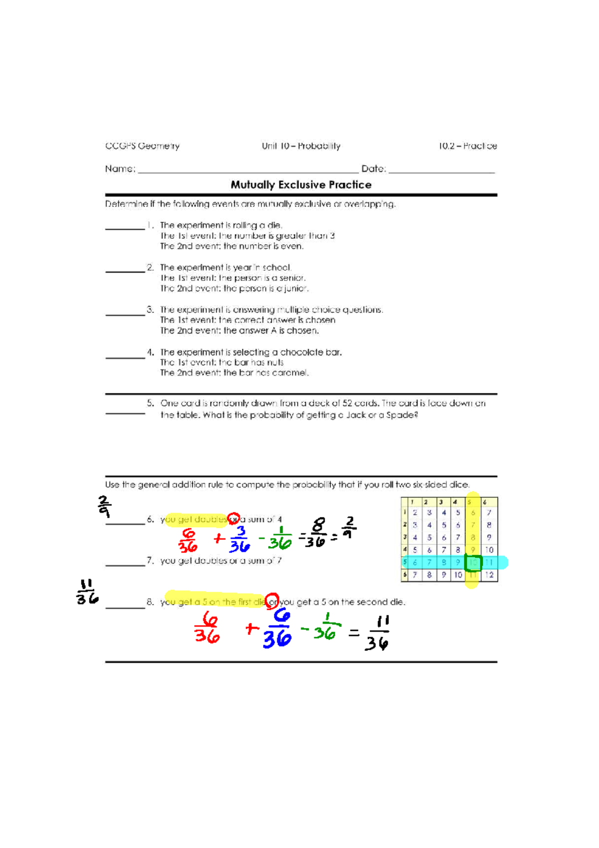 CCGPS Geometry Unit 10 Conditional Probability Practice Notes - Studocu