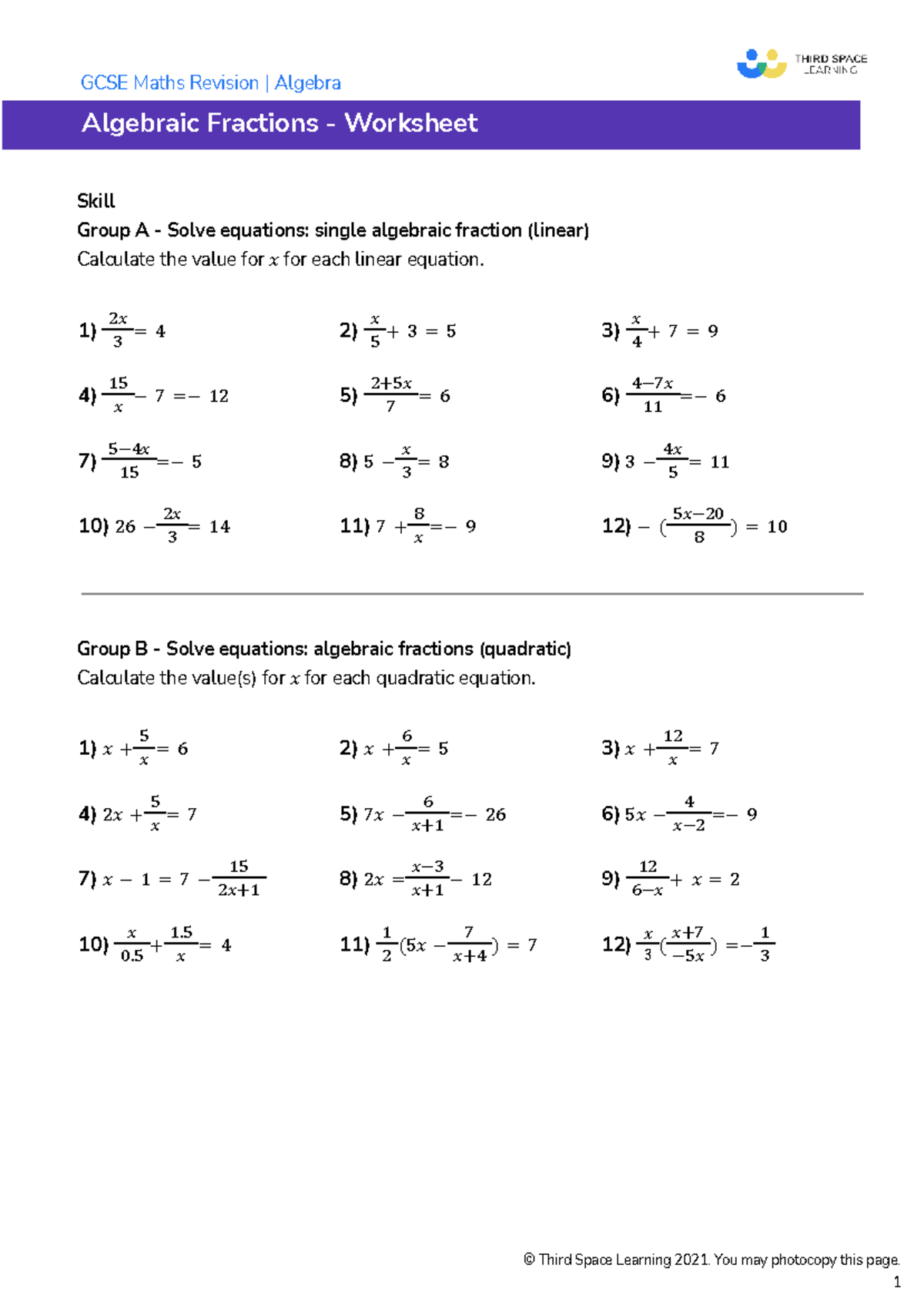 GCSE Maths Revision: Algebraic Fractions Worksheet (Skill Groups A-C ...