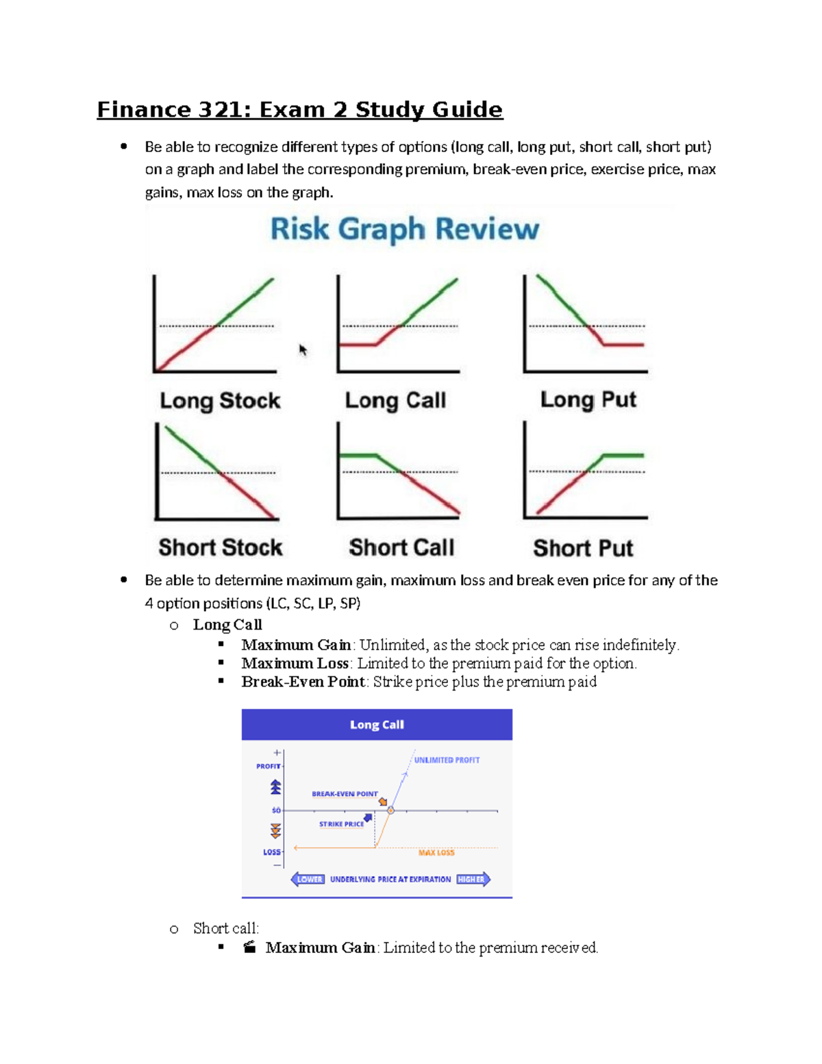 Finance 321: Study Guide for Exam 2 on Options & Behavioral Finance ...