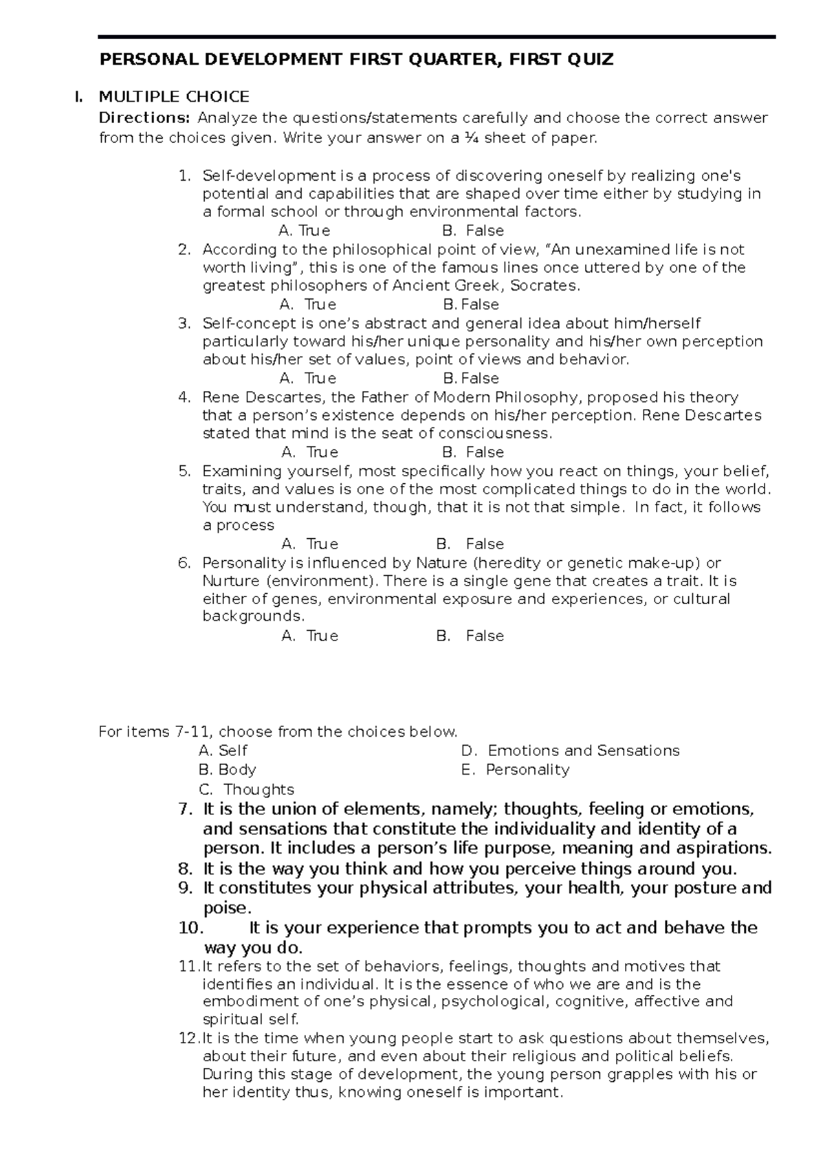 Perdev First QUIZ - PERSONAL DEVELOPMENT FIRST QUARTER, FIRST QUIZ I ...