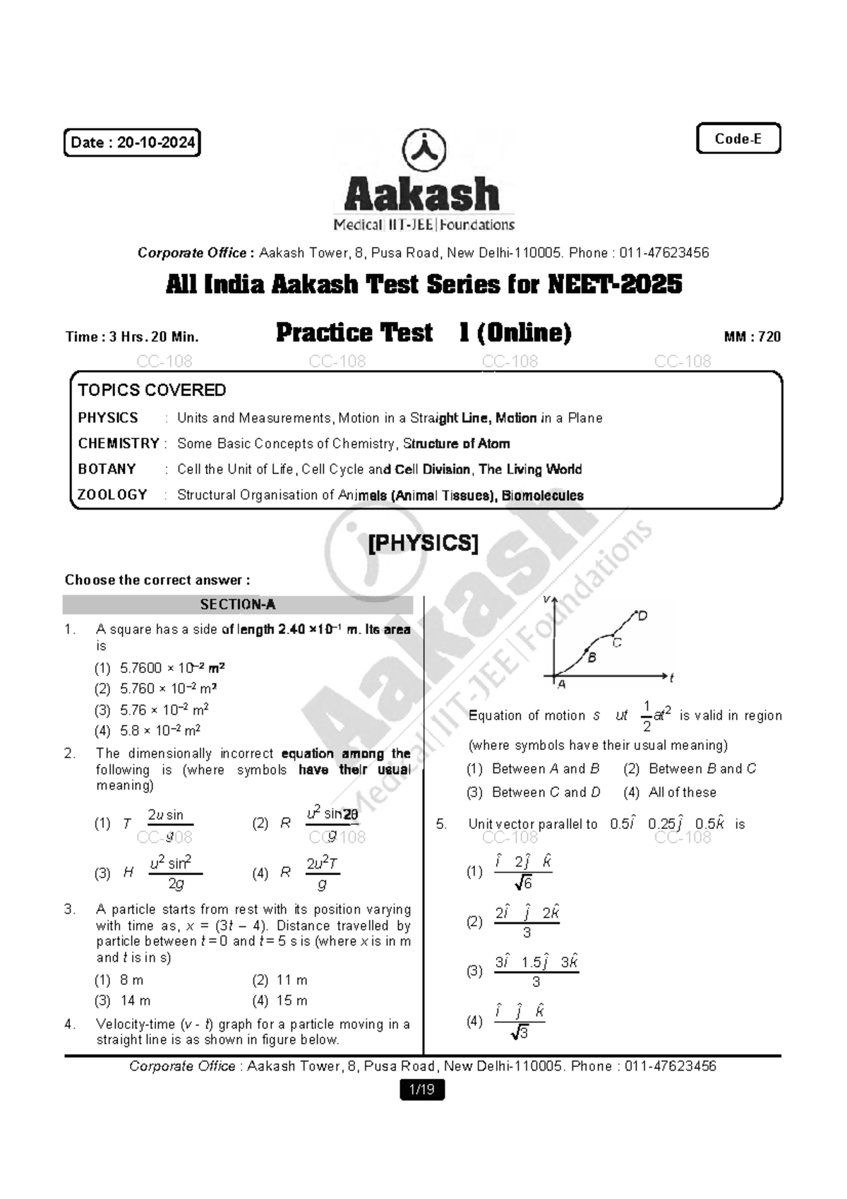 All India Aakash Test Series for Practice (Online) - RM (E) Questions ...