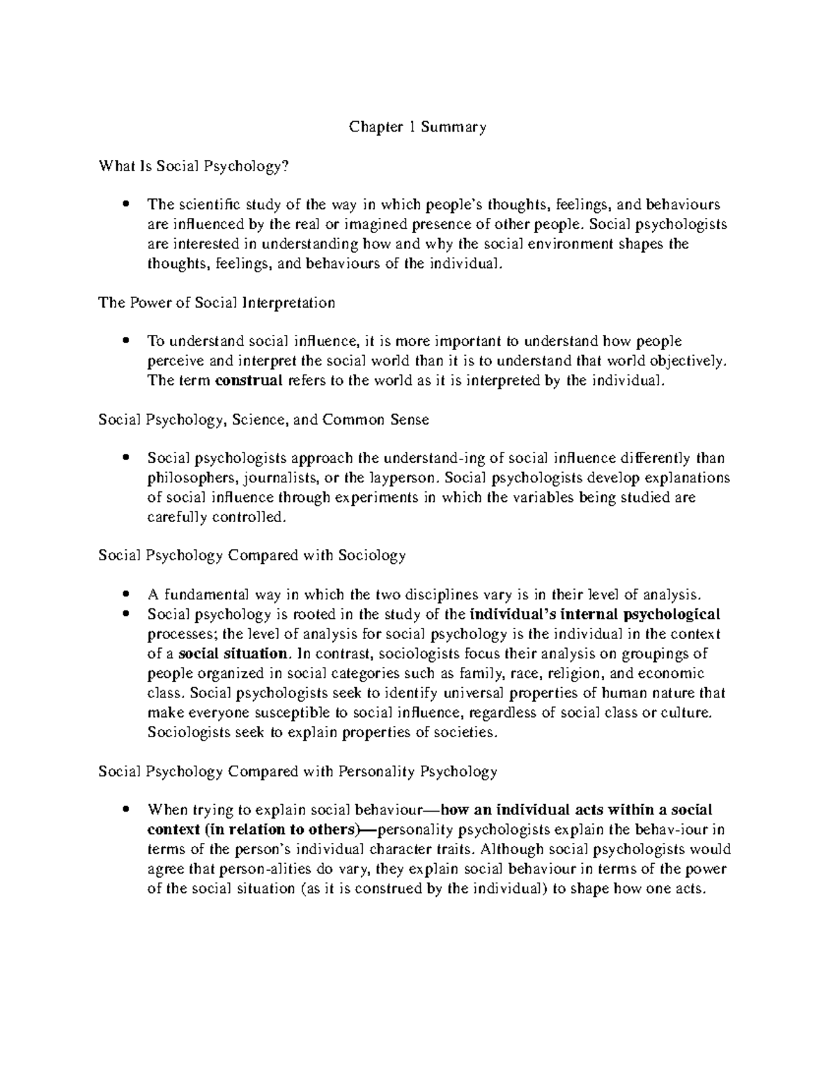 Ch. 1 Summary - Introduction to Social Psychology Concepts - Studocu