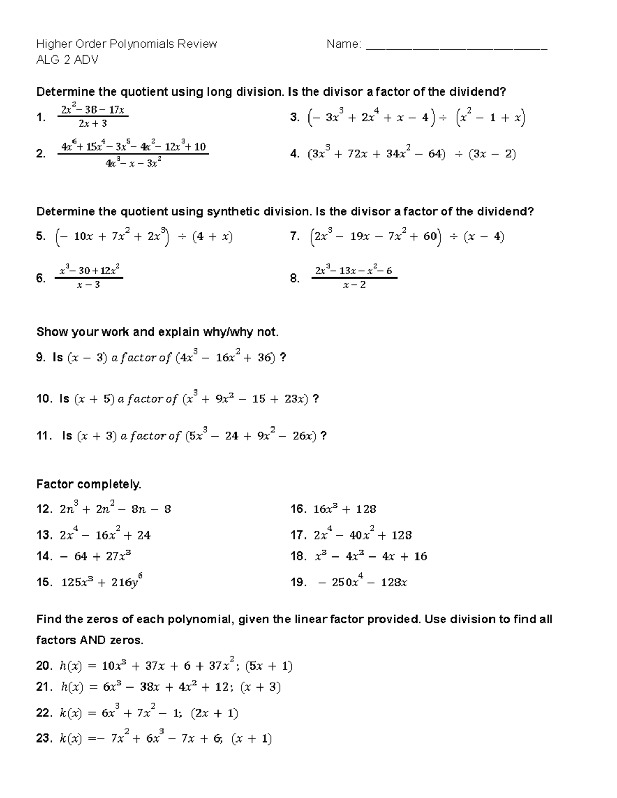 ALG 2 ADV: Review of Higher Order Polynomials and Division Techniques ...