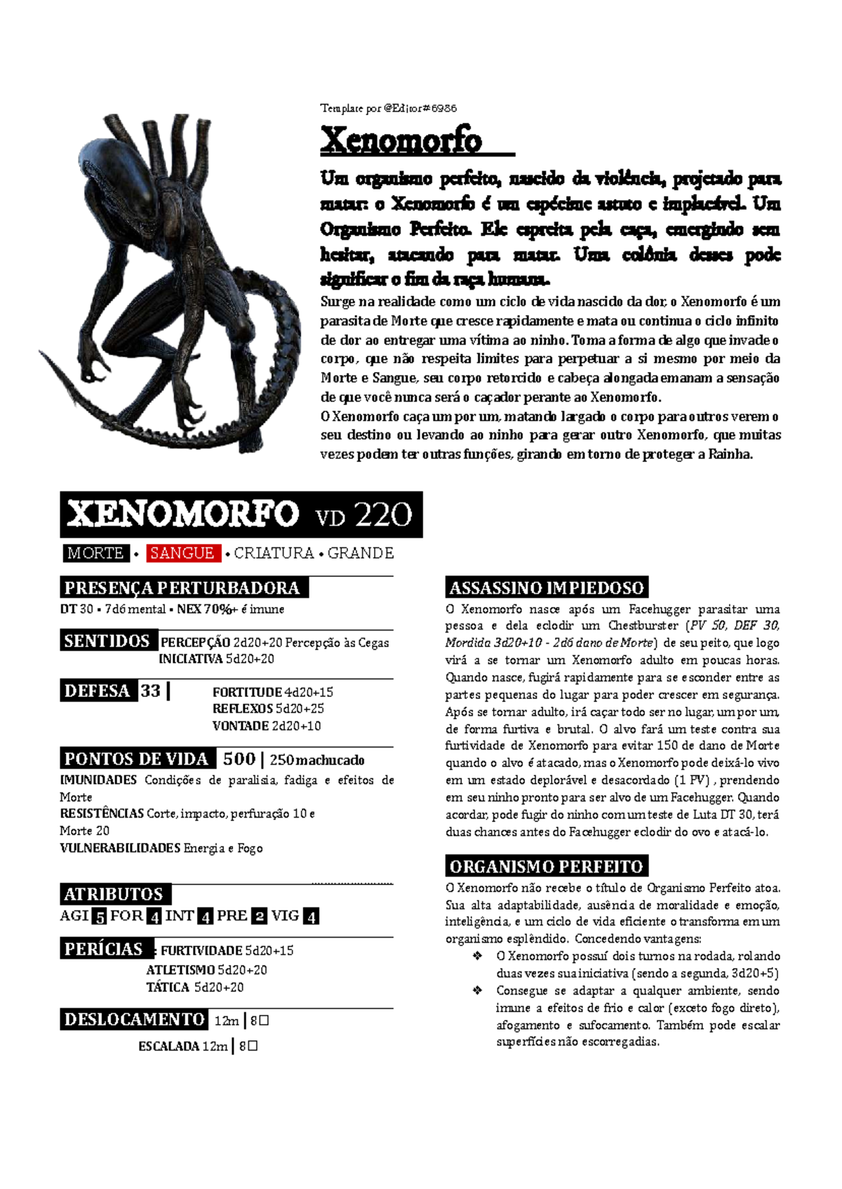 Ficha de Monstro: Xenomorfo - Ordem Paranormal VD 220 - Studocu