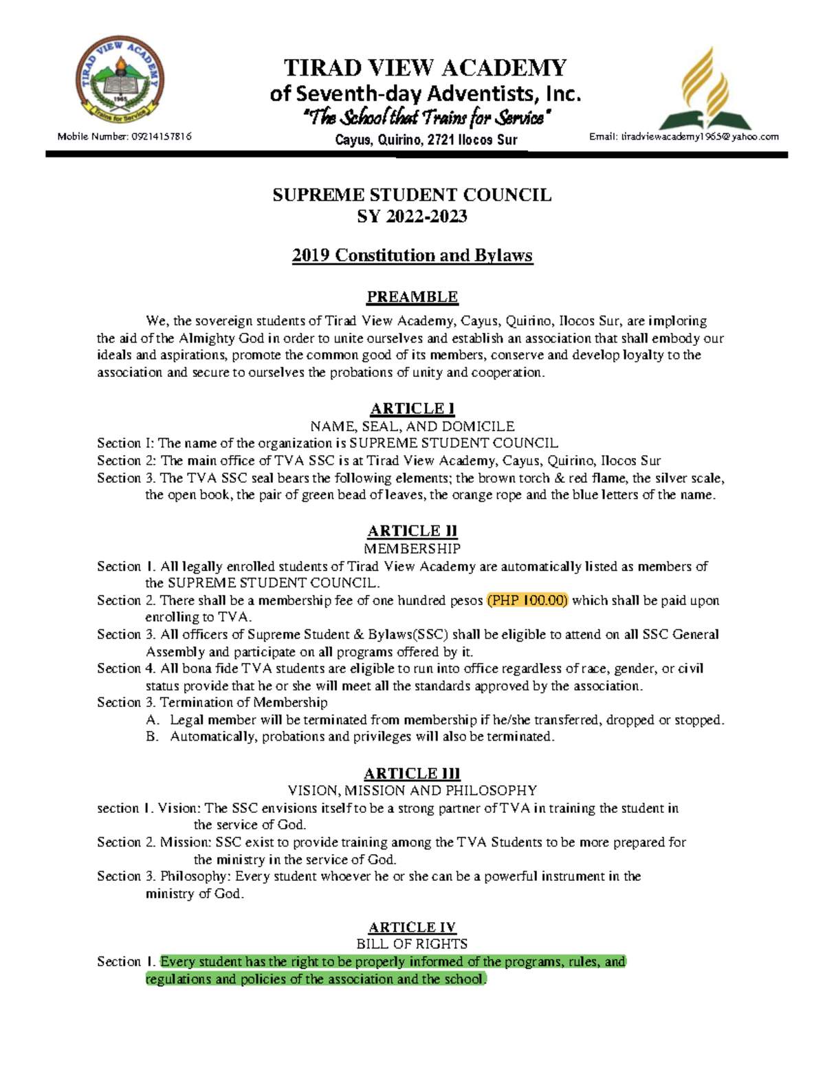 Supreme Student Council (SSC) Constitution and Bylaws - Tirad View ...