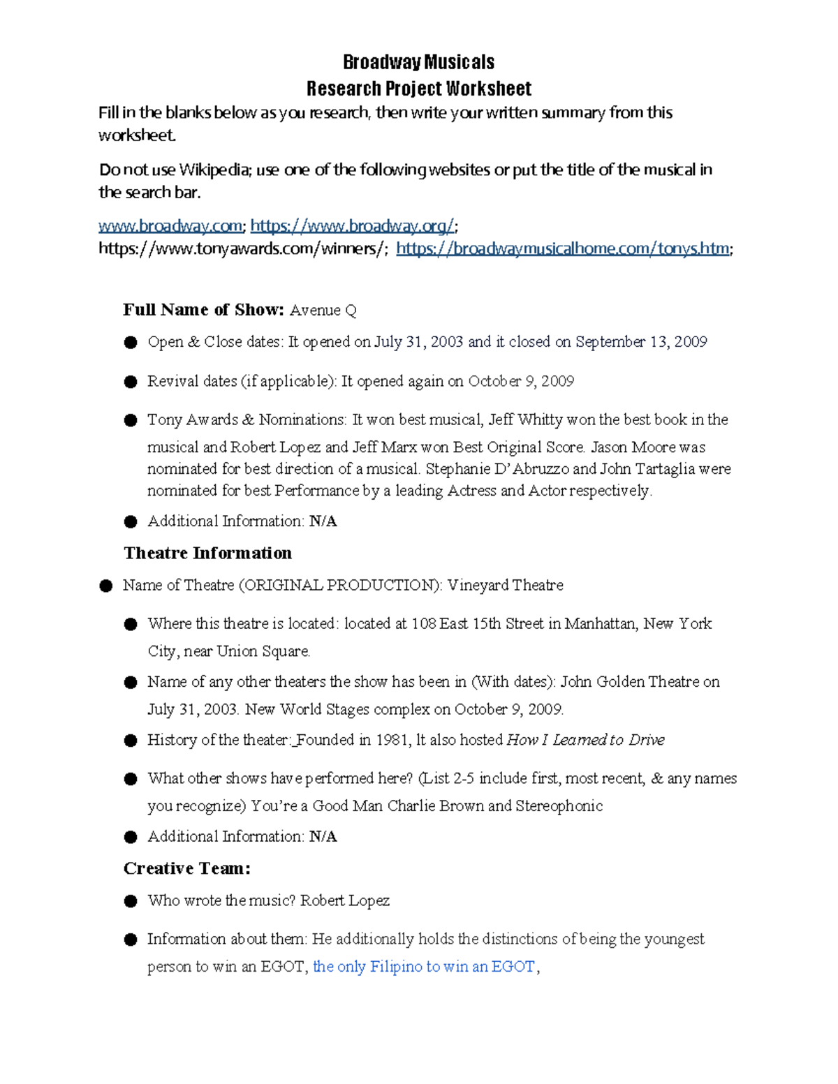 Samson Nyambok Broadway Musicals Research Assignment - Broadway ...