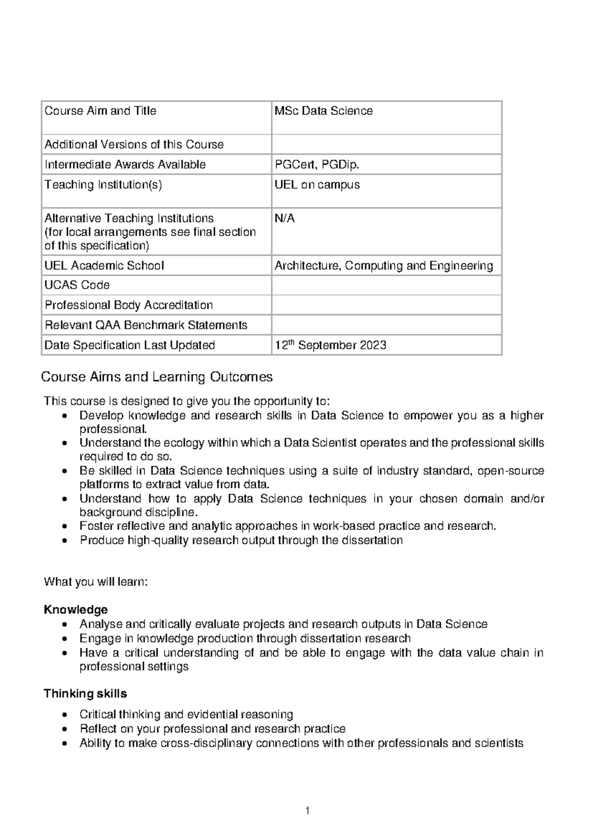 MSc Data Science Course Specification and Structure Overview - Studocu