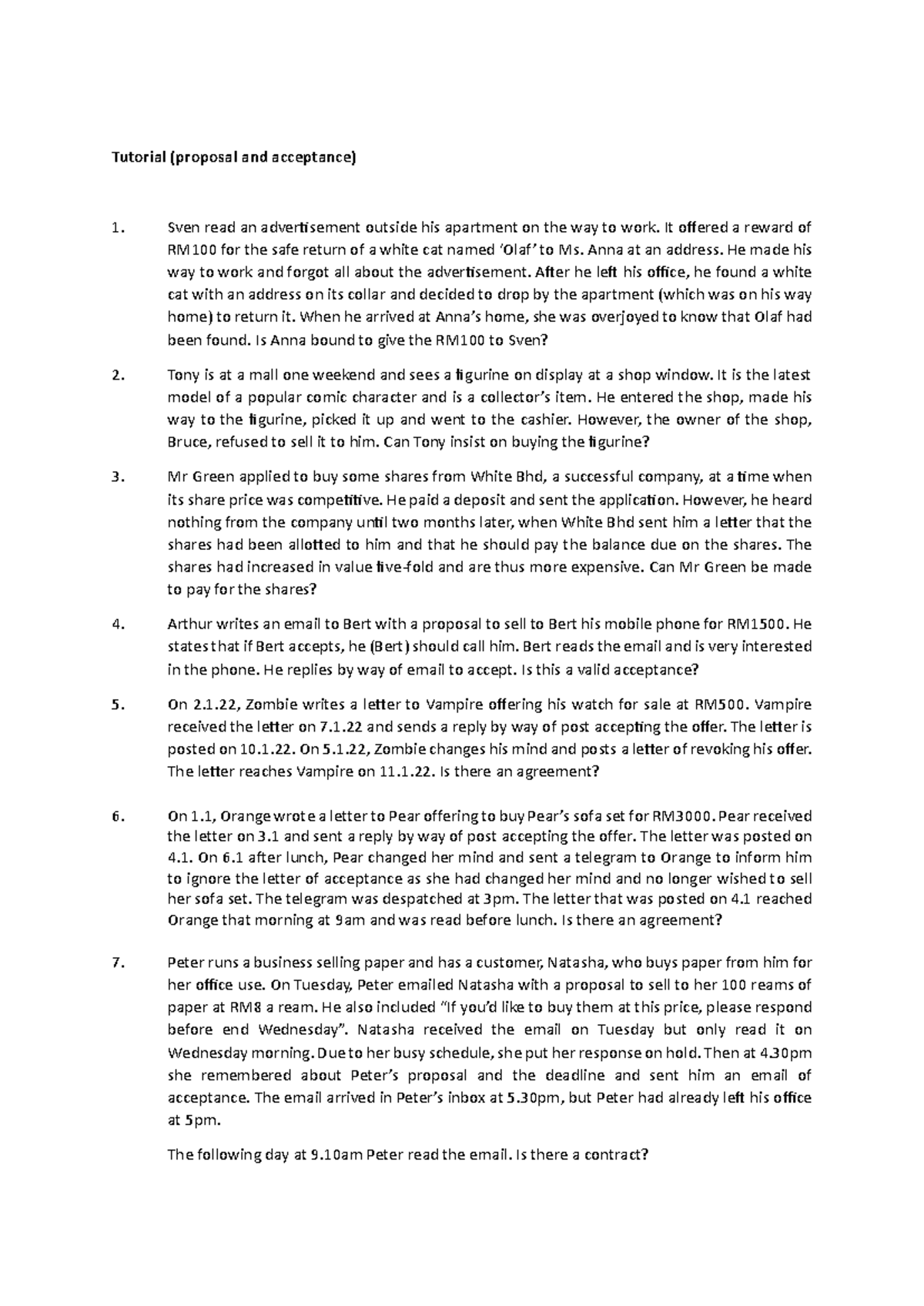 Tutorial on Proposal and Acceptance: Legal Scenarios Explained - Studocu