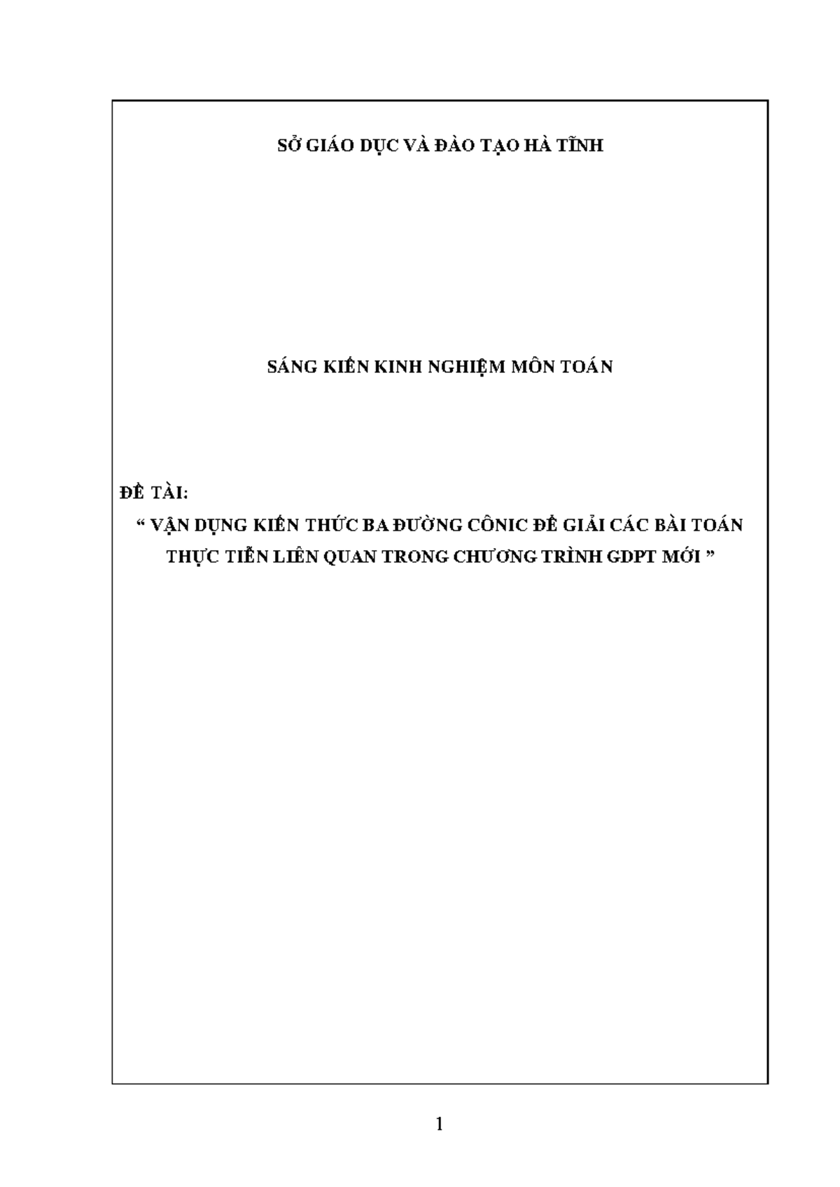 Sáng Kiến Kinh Nghiệm Môn Toán: Vận Dụng Đường Cônic Trong GDPT Mới ...