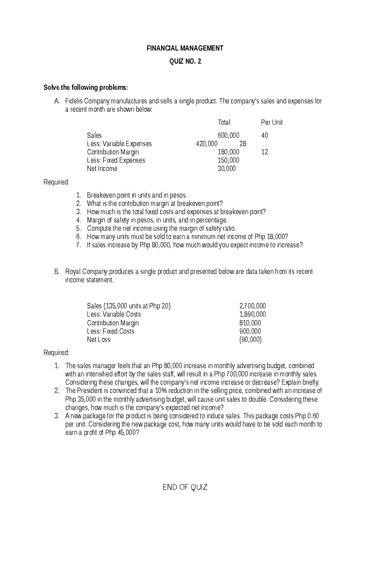Financial management quiz no. 2 answer key and solutions - Studocu