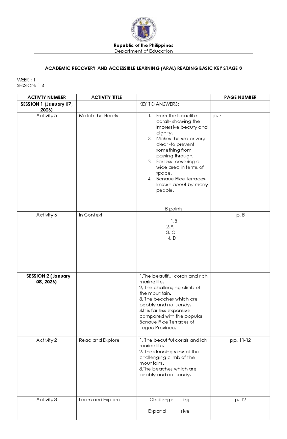 ARAL 3 Week 1 Key to Activities and Corrections - Studocu